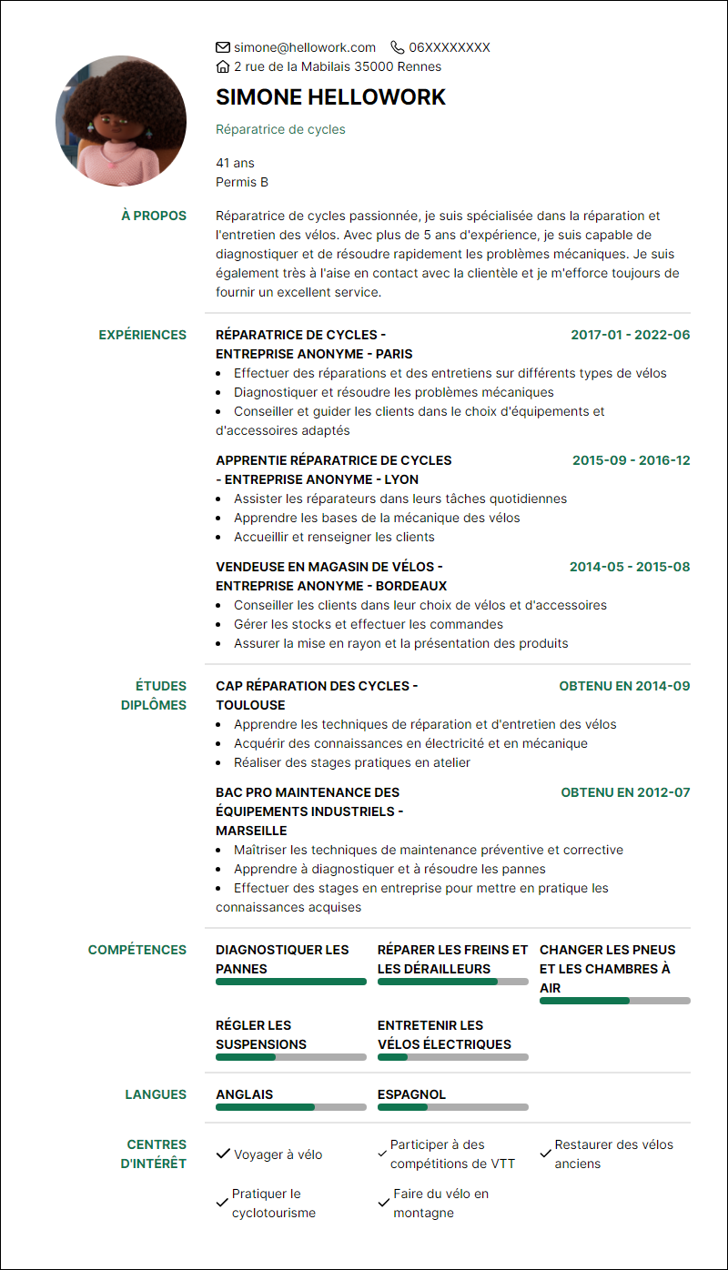 Exemple CV Technicien cycle | Hellowork