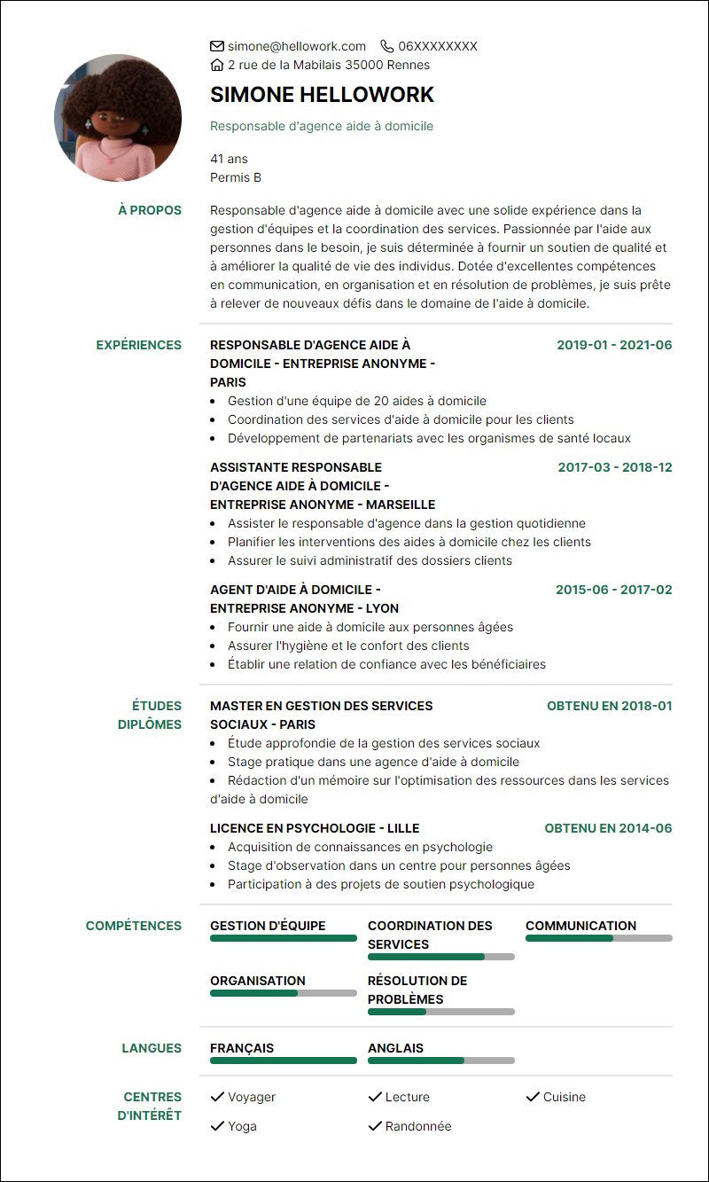 Exemple CV Responsable d'agence aide à domicile | Hellowork