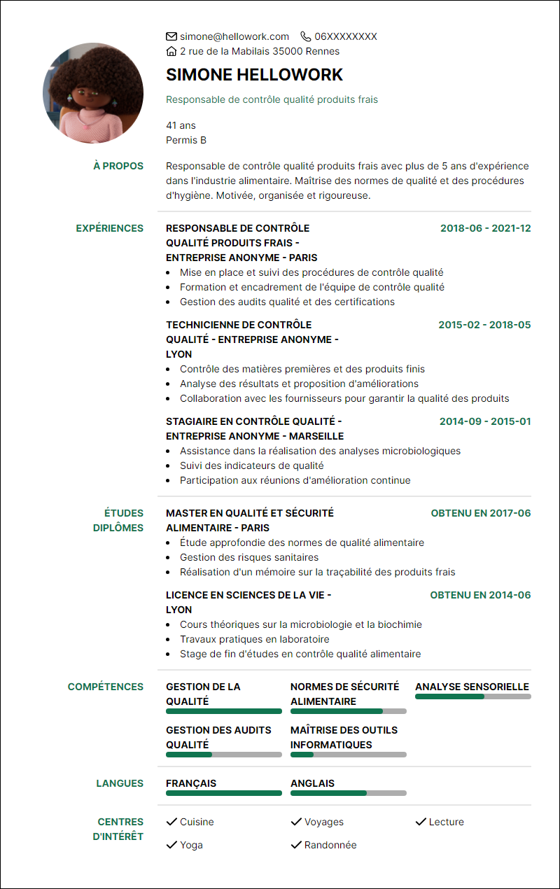 Exemple CV Responsable qualité agroalimentaire | Hellowork