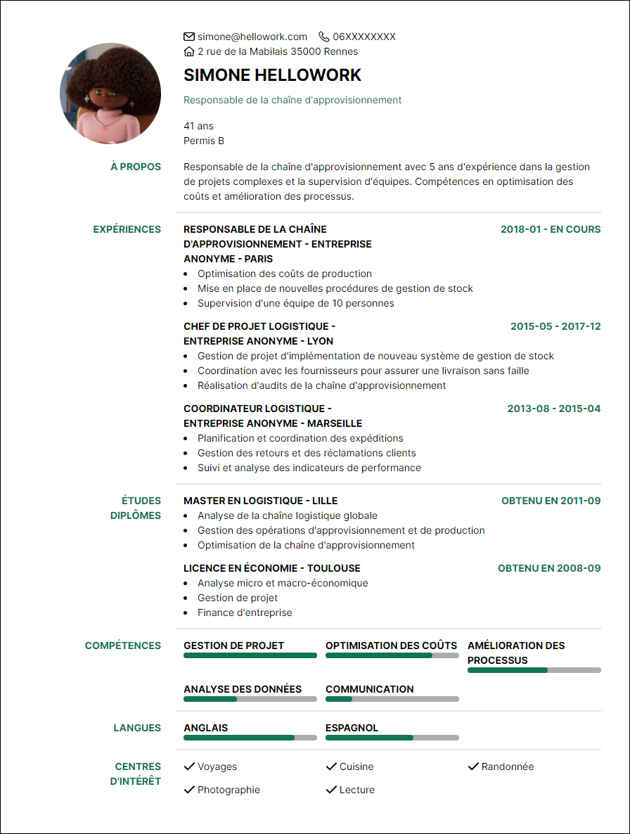 Exemple CV Responsable approvisionnement | Hellowork