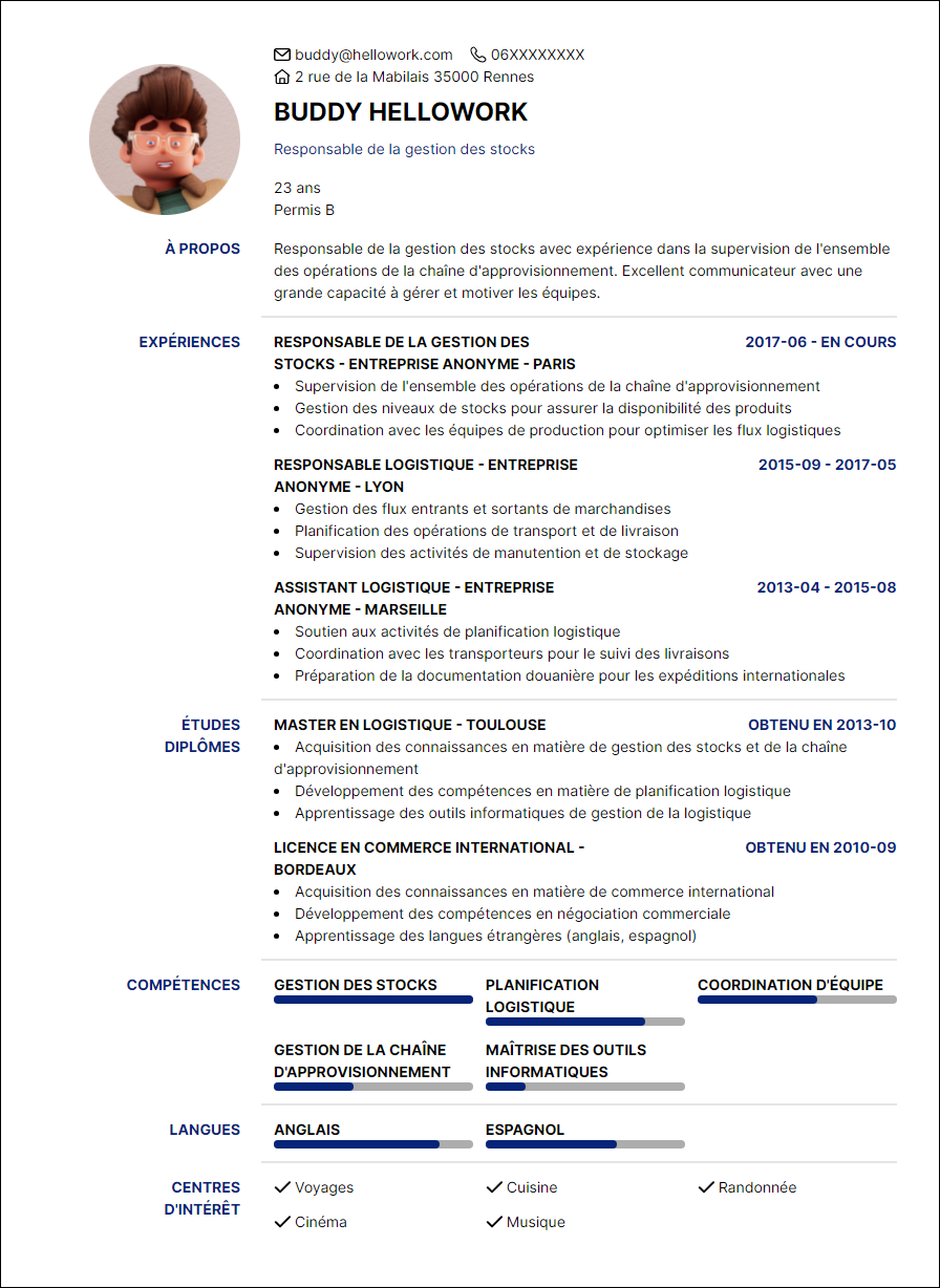 Exemple CV Gestionnaire de stock | Hellowork