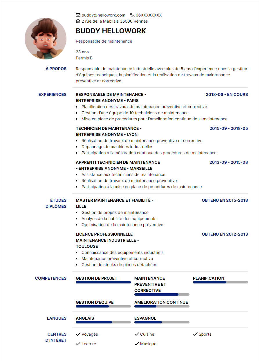 Exemple CV Responsable de maintenance industrielle | Hellowork