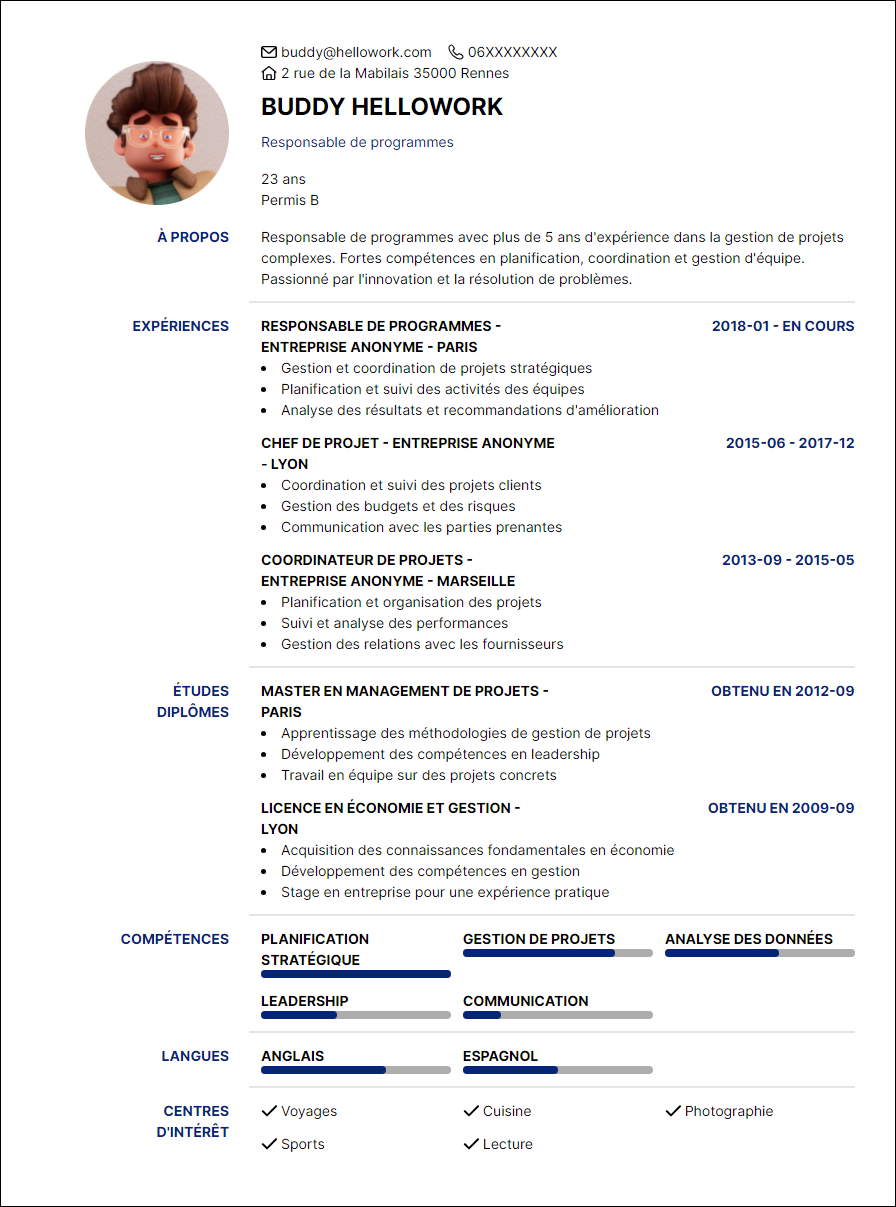Exemple CV Responsable de programmes | Hellowork