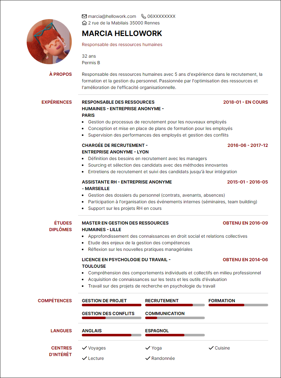 Exemple CV Responsable de ressources humaines | Hellowork