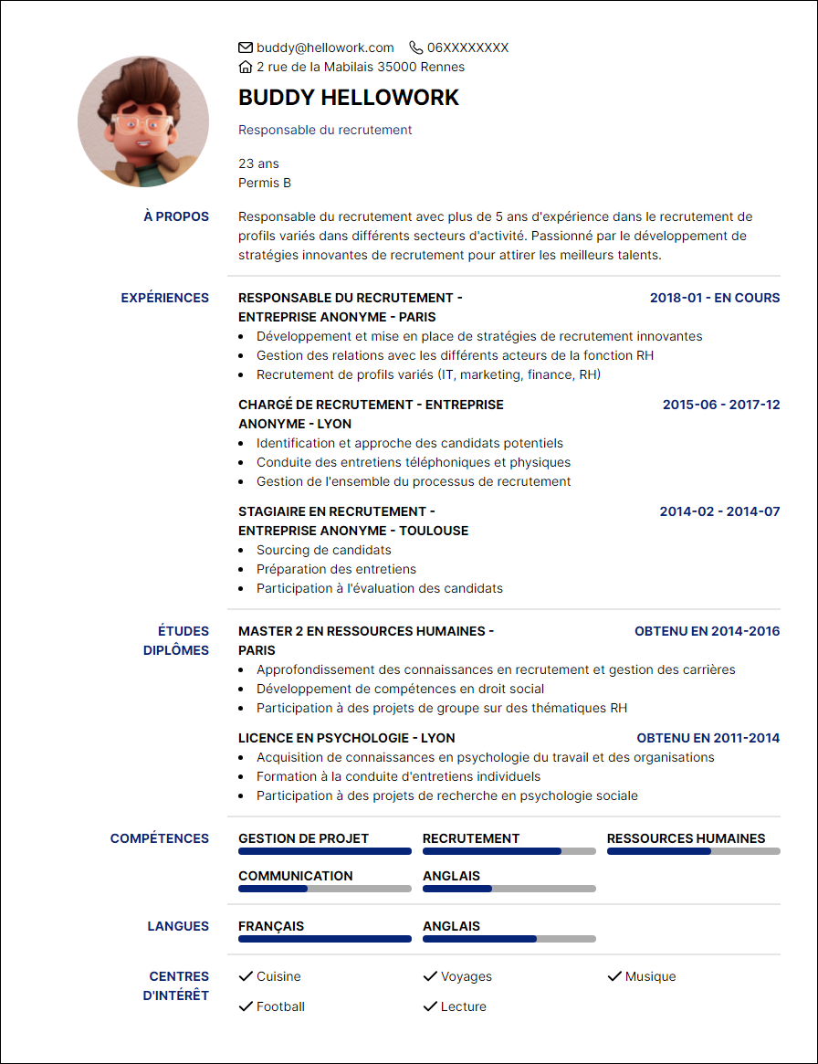 Exemple CV Responsable du recrutement | Hellowork