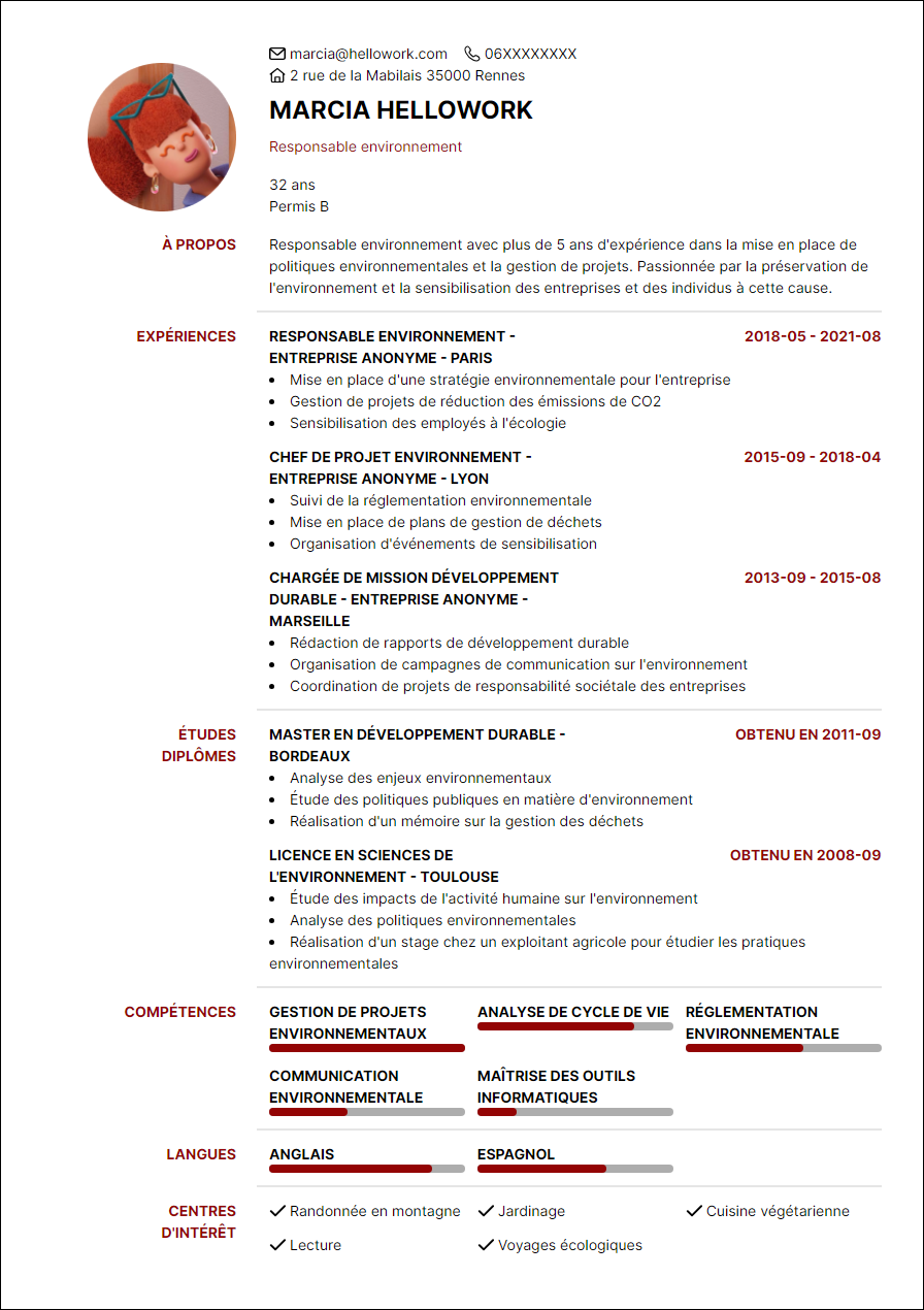 Exemple CV Responsable environnement | Hellowork