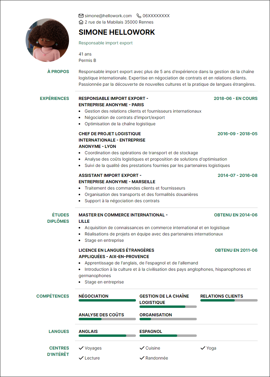 Exemple CV Responsable import export | Hellowork