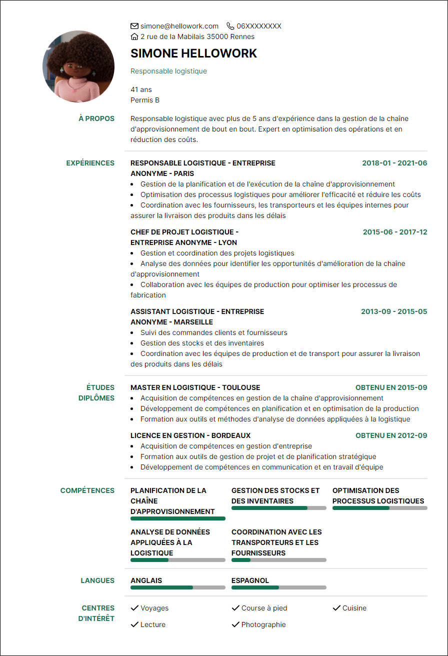 Exemple CV Responsable logistique | Hellowork