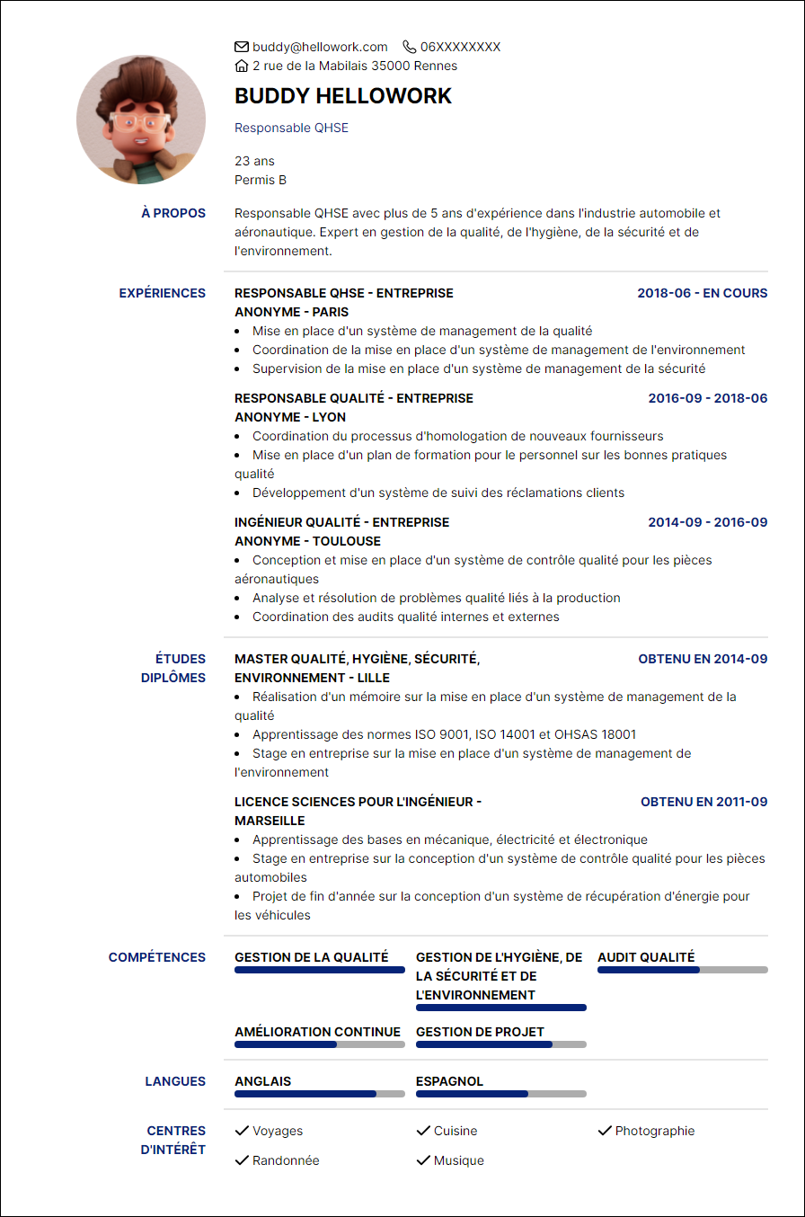 Exemple CV Responsable QSE | Hellowork