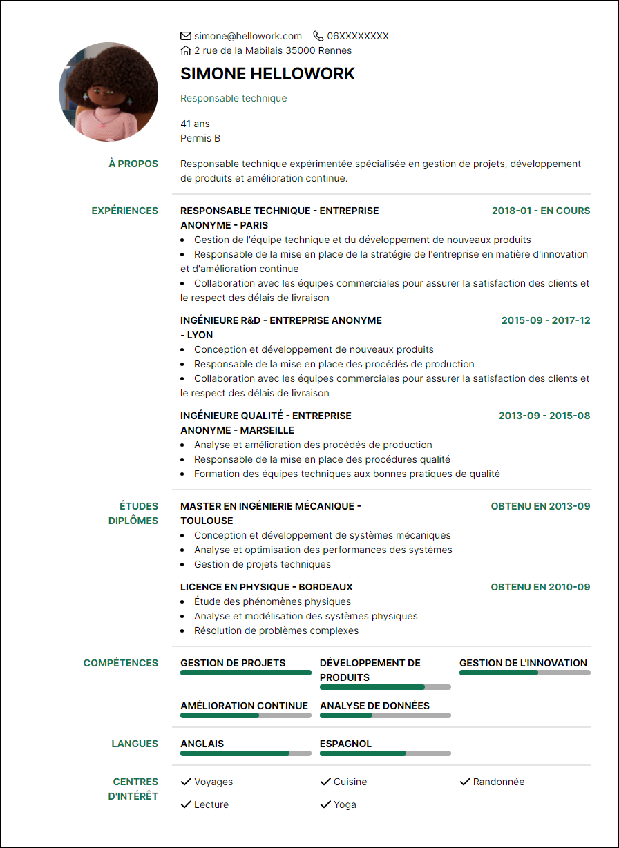 Exemple CV Responsable technique | Hellowork