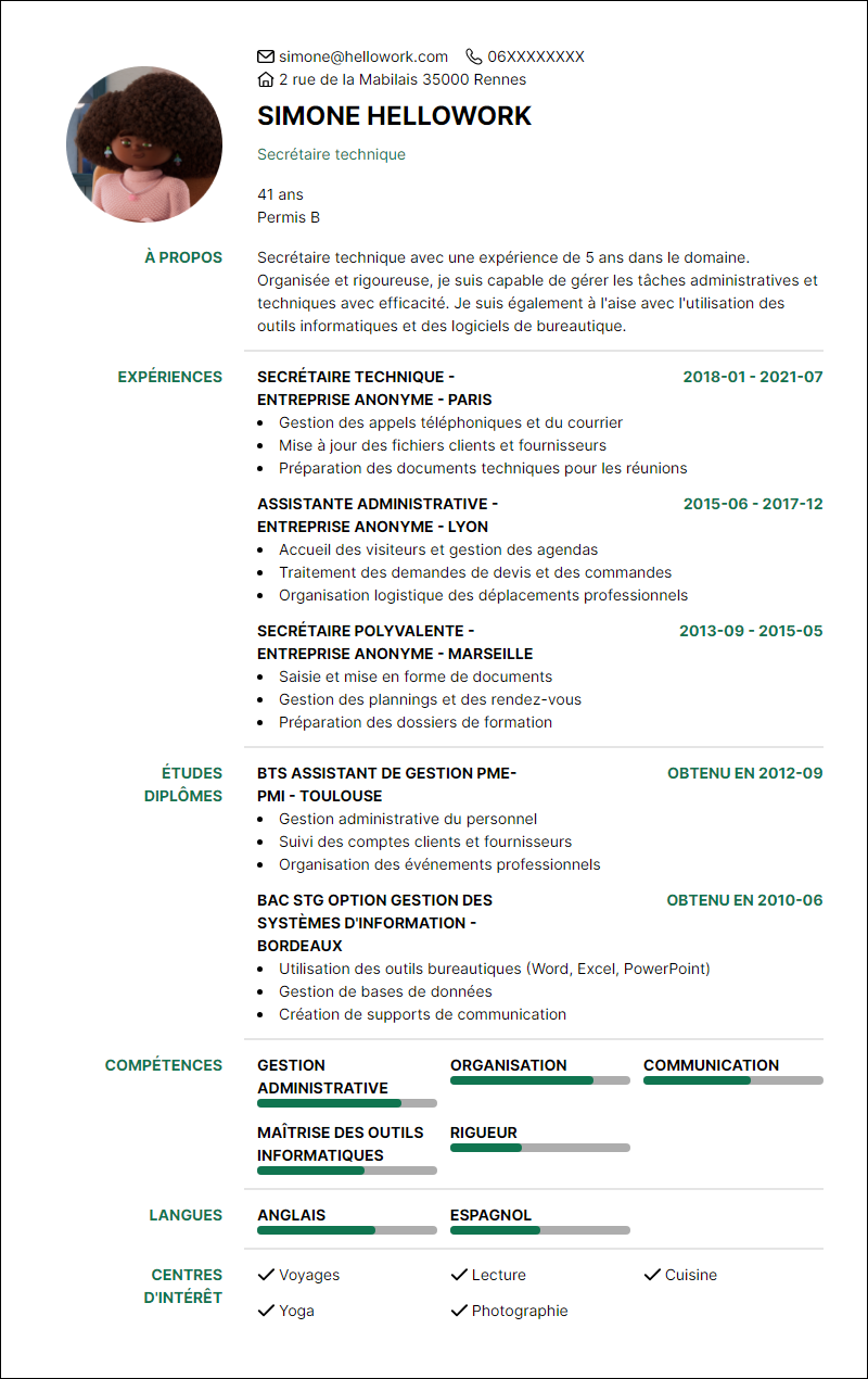 Exemple CV Secrétaire technique | Hellowork