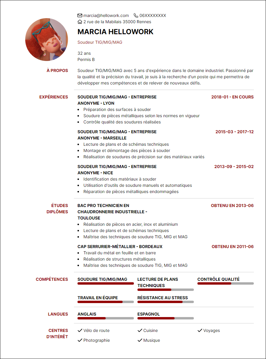 Exemple CV Soudeur TIG | Hellowork