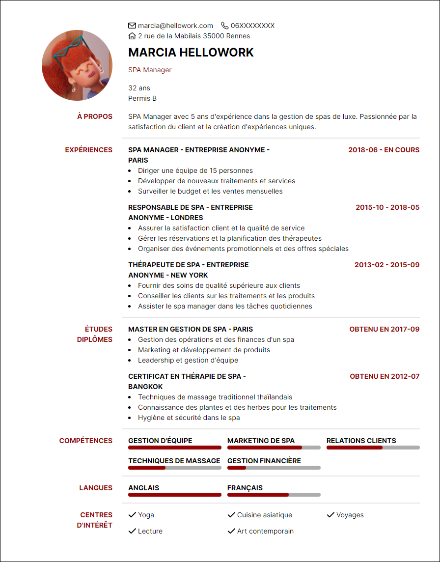 Exemple CV SPA Manager | Hellowork