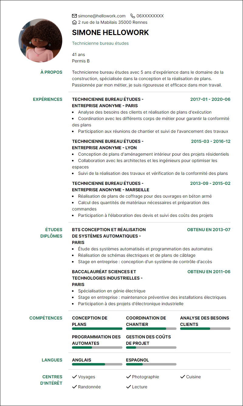 Exemple CV Technicien bureau d'étude | Hellowork