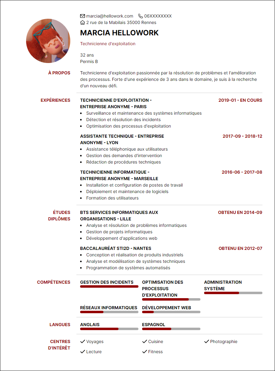 Exemple CV Technicien d'exploitation | Hellowork