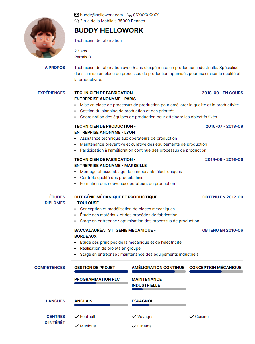 Exemple CV Technicien de fabrication | Hellowork