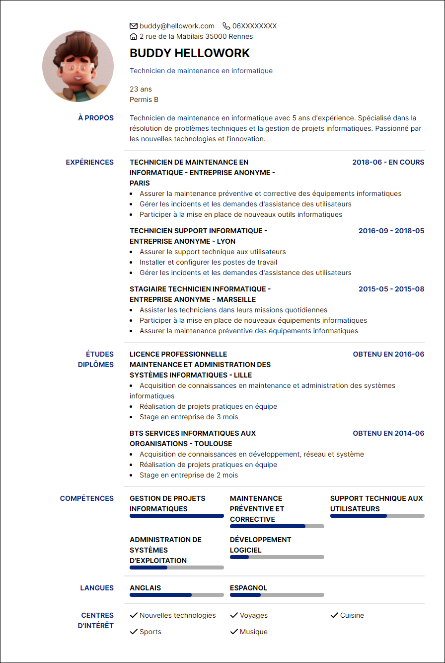 Exemple CV Technicien de maintenance en informatique | Hellowork