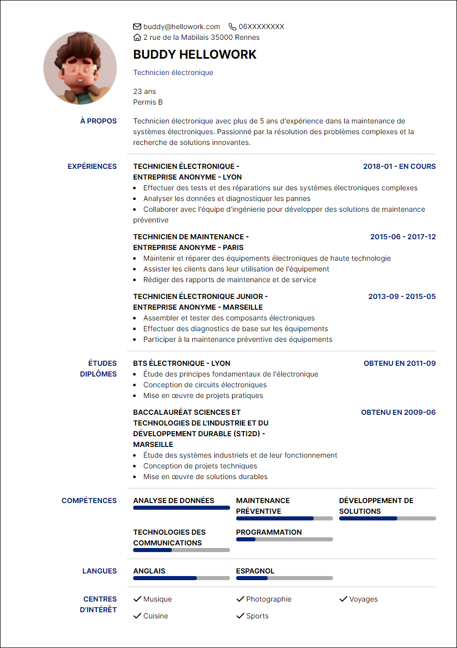 Exemple CV Technicien électronique | Hellowork