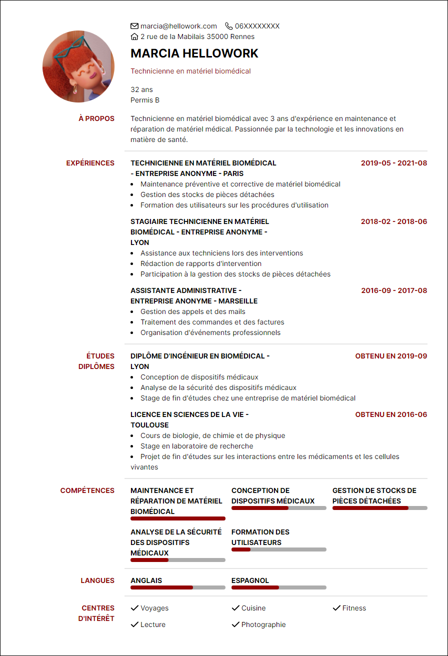 Exemple CV Technicien biomédical | Hellowork