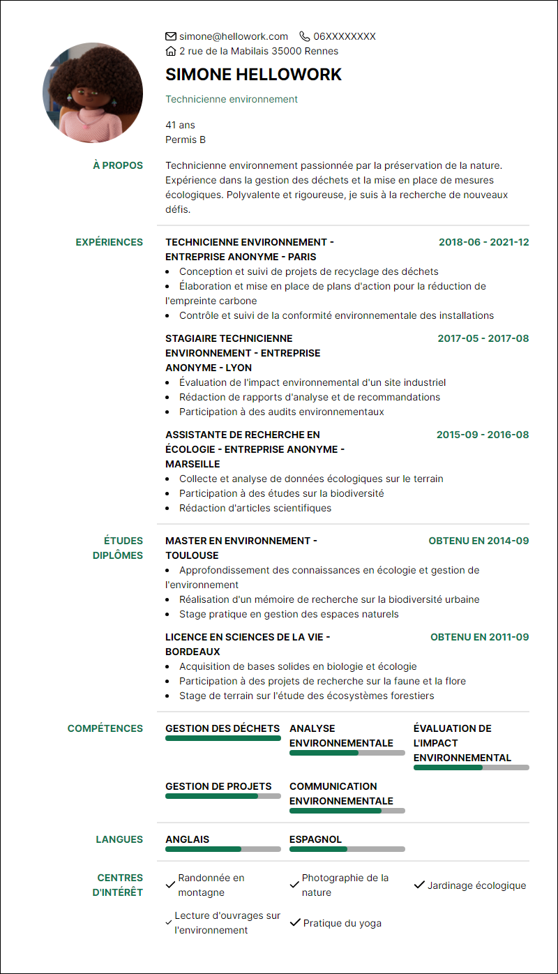 Exemple CV Technicien environnement | Hellowork
