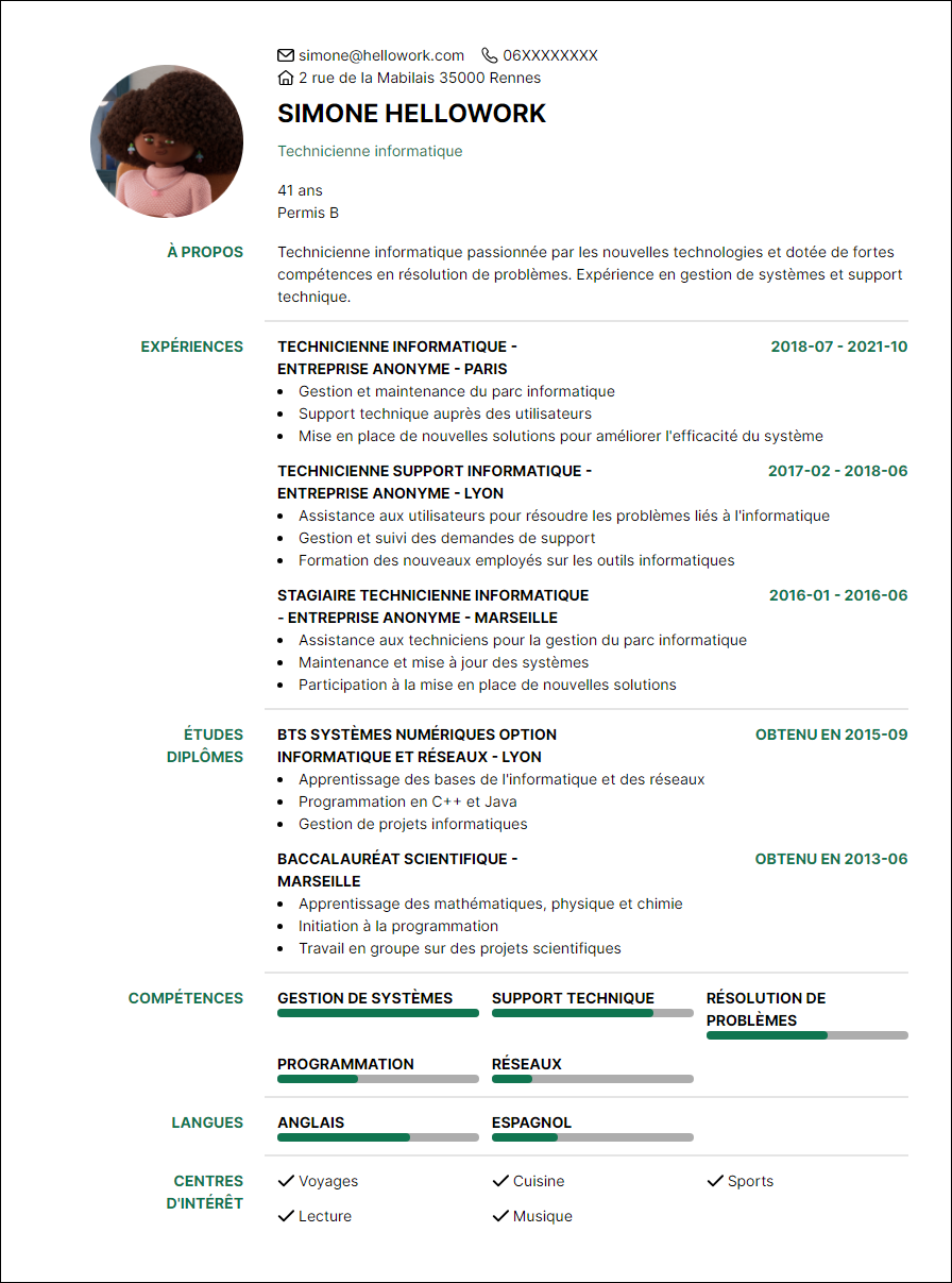 Exemple CV Technicien informatique | Hellowork