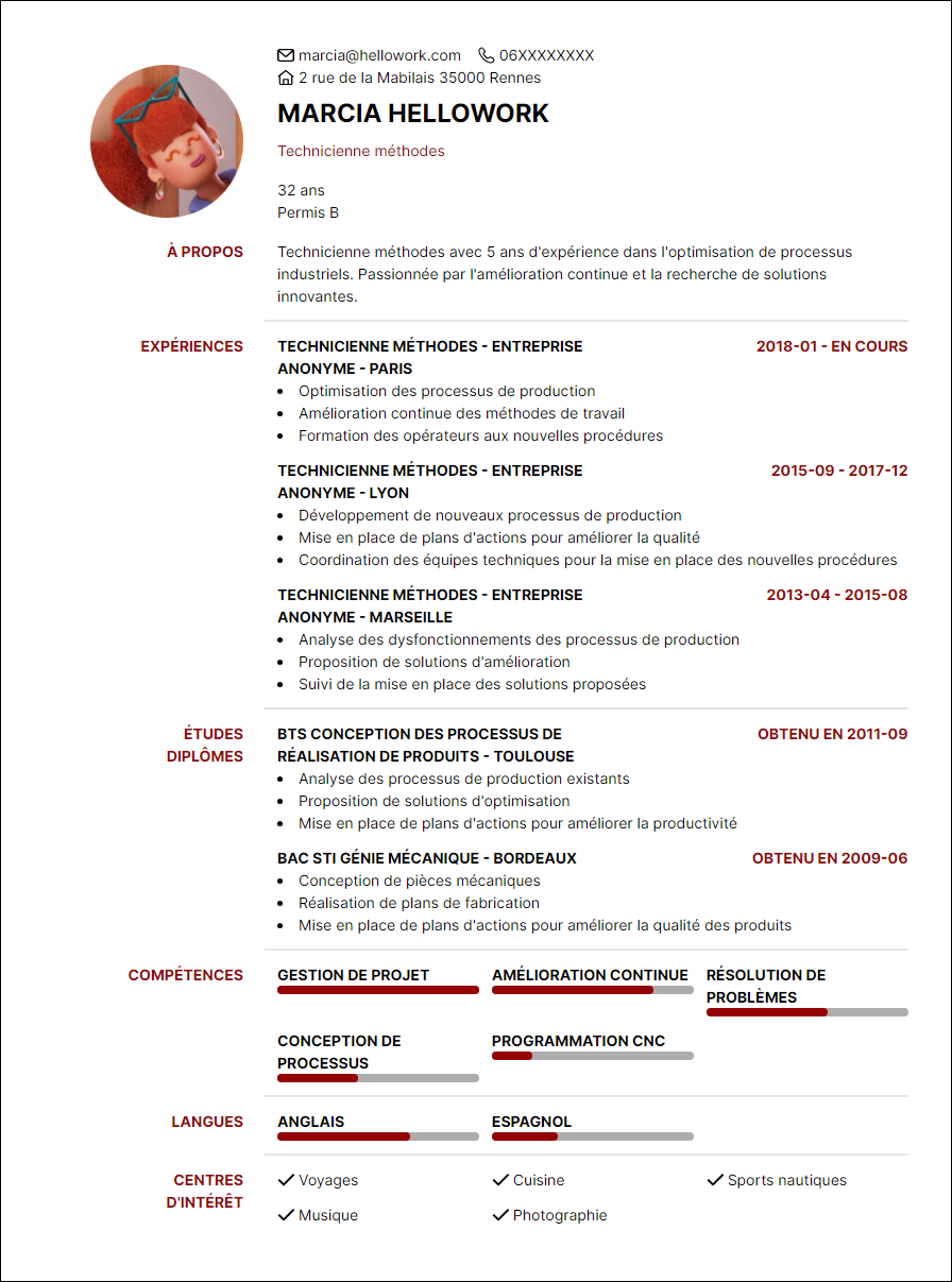Exemple CV Technicien méthodes | Hellowork
