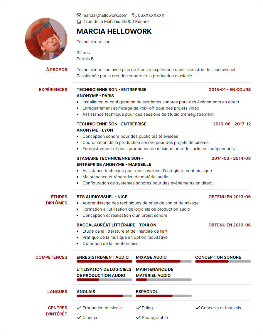 Exemple CV Technicien son | Hellowork