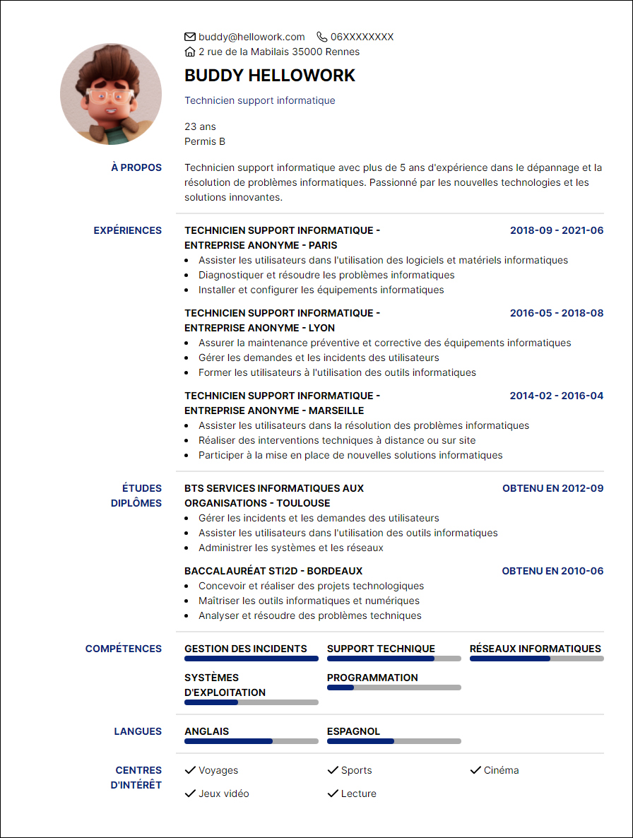 Exemple CV Technicien support informatique | Hellowork