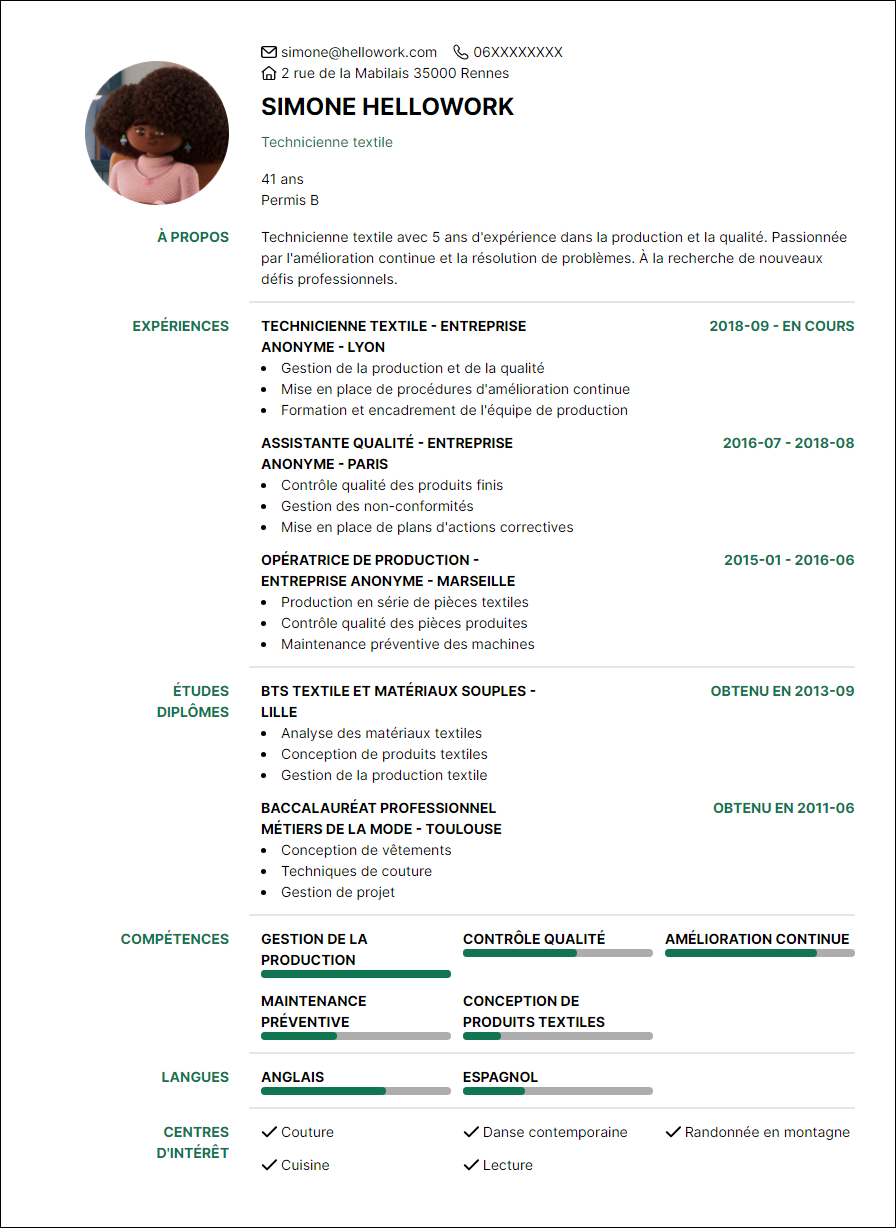 Exemple CV Technicien textile | Hellowork