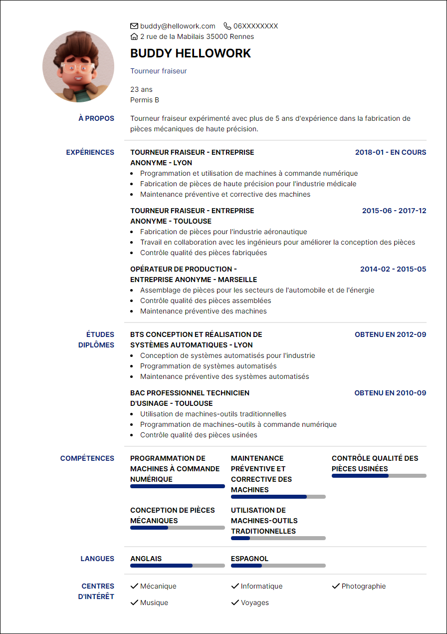 Exemple CV Tourneur fraiseur | Hellowork