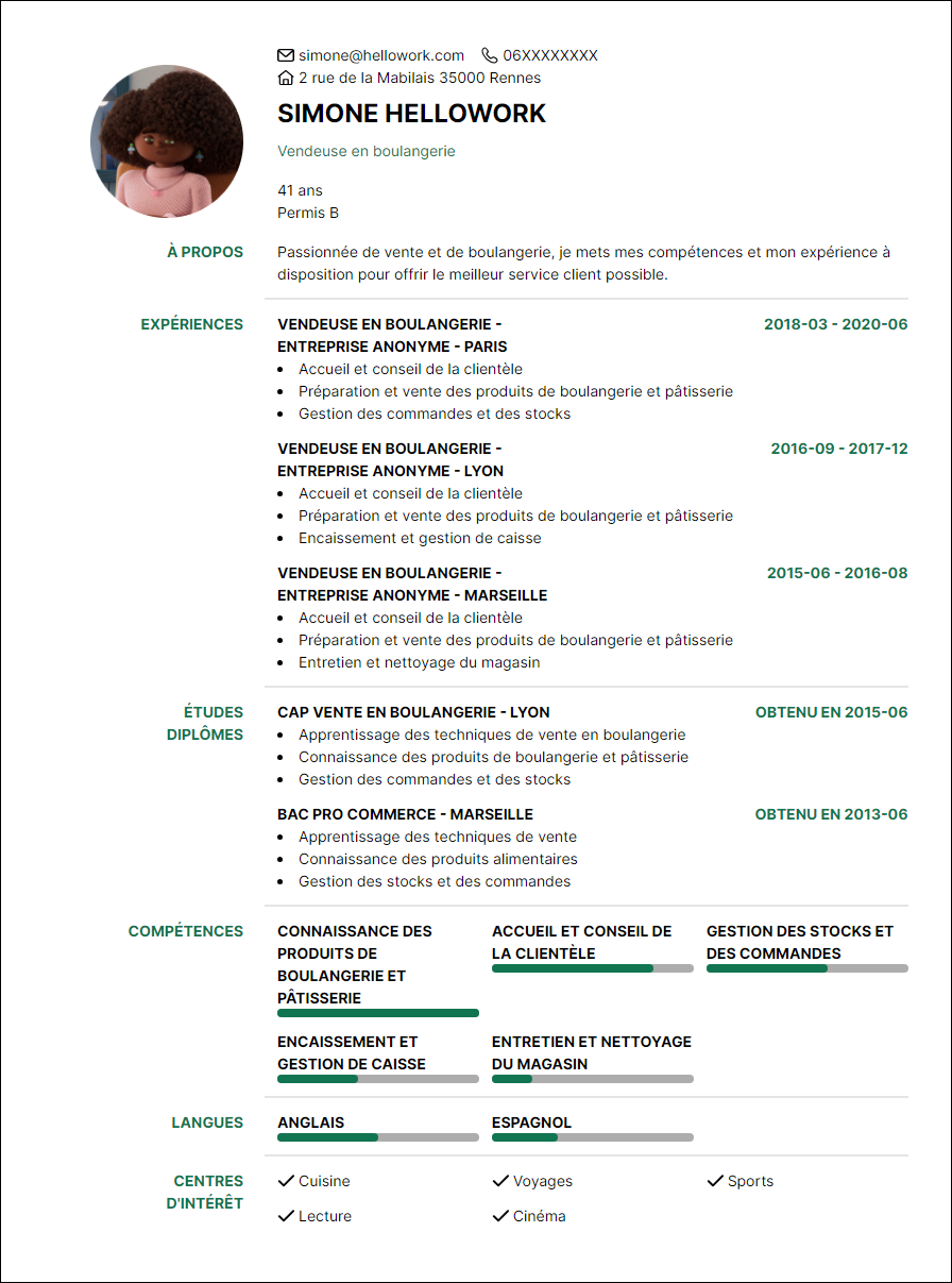 Exemple CV Vendeuse boulangerie | Hellowork