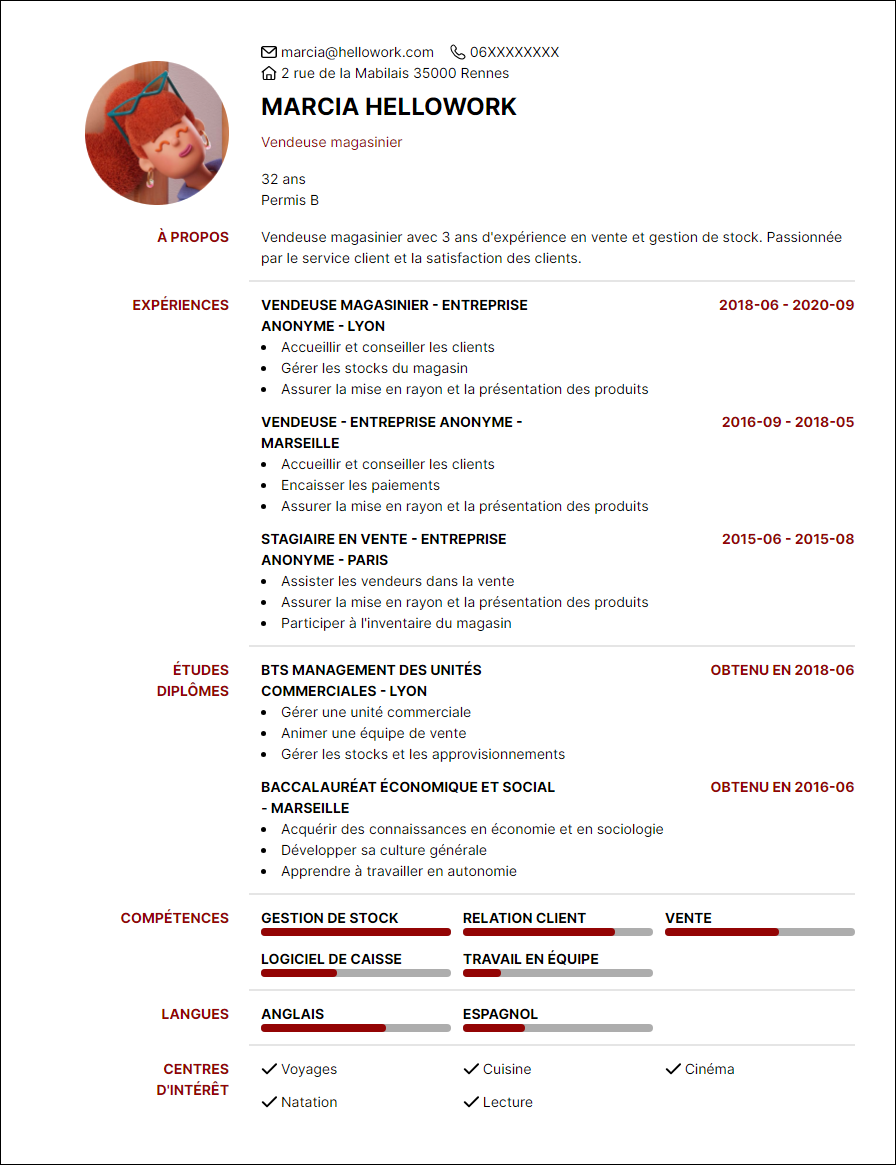 Exemple CV Vendeur magasinier | Hellowork