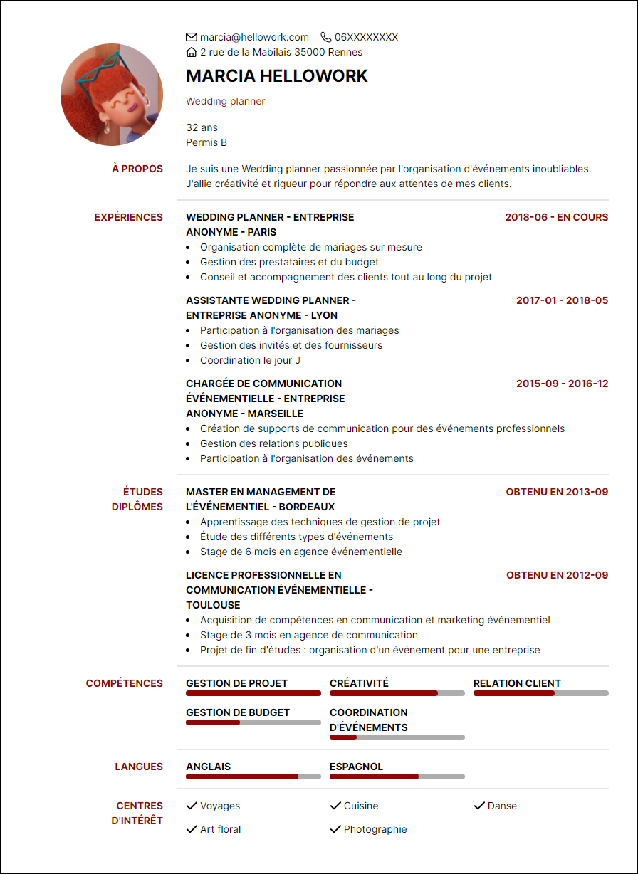 Exemple CV Wedding planner | Hellowork