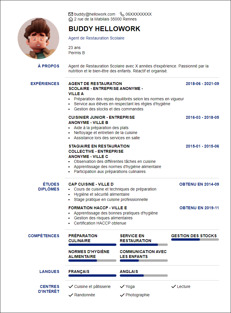 Exemple CV Agent De Restauration Scolaire | Hellowork