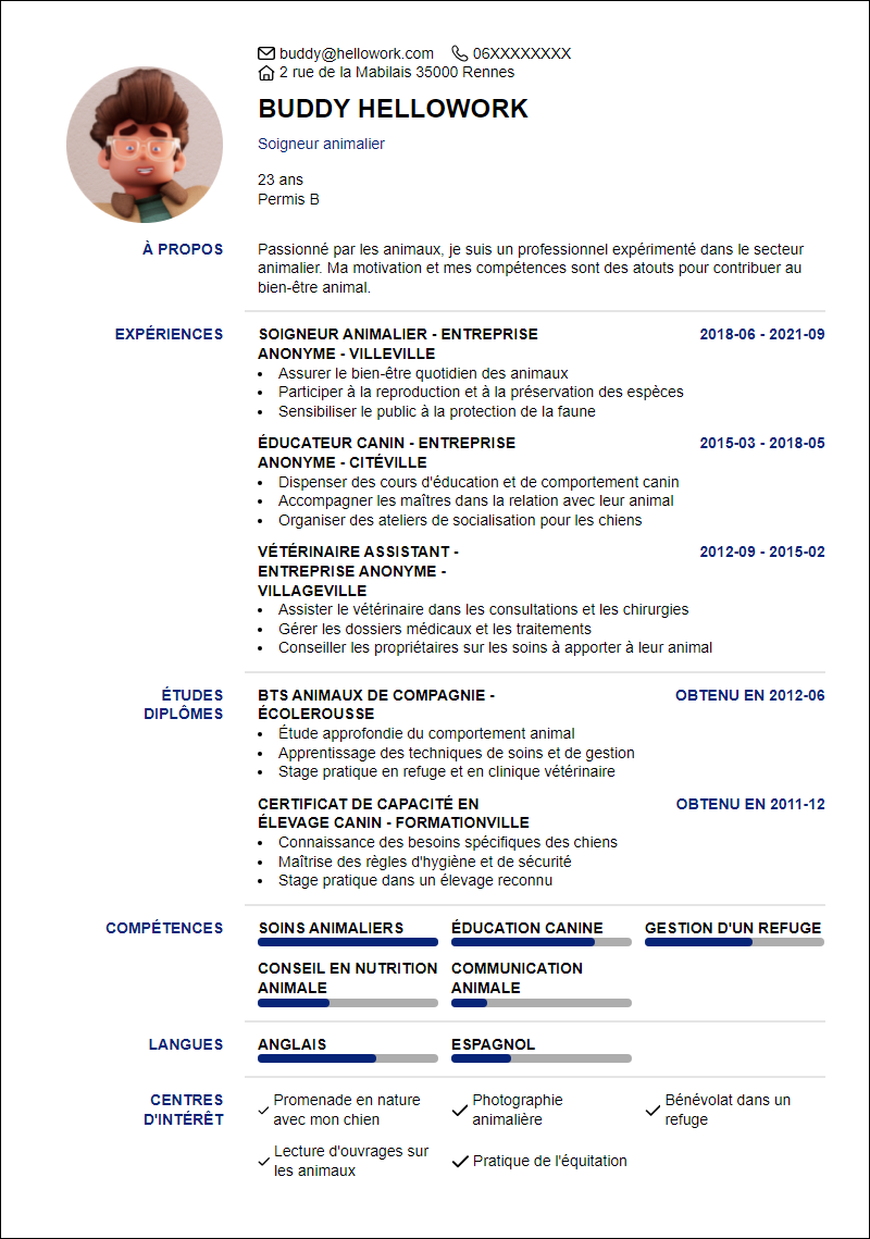 Exemple CV Animaux | Hellowork
