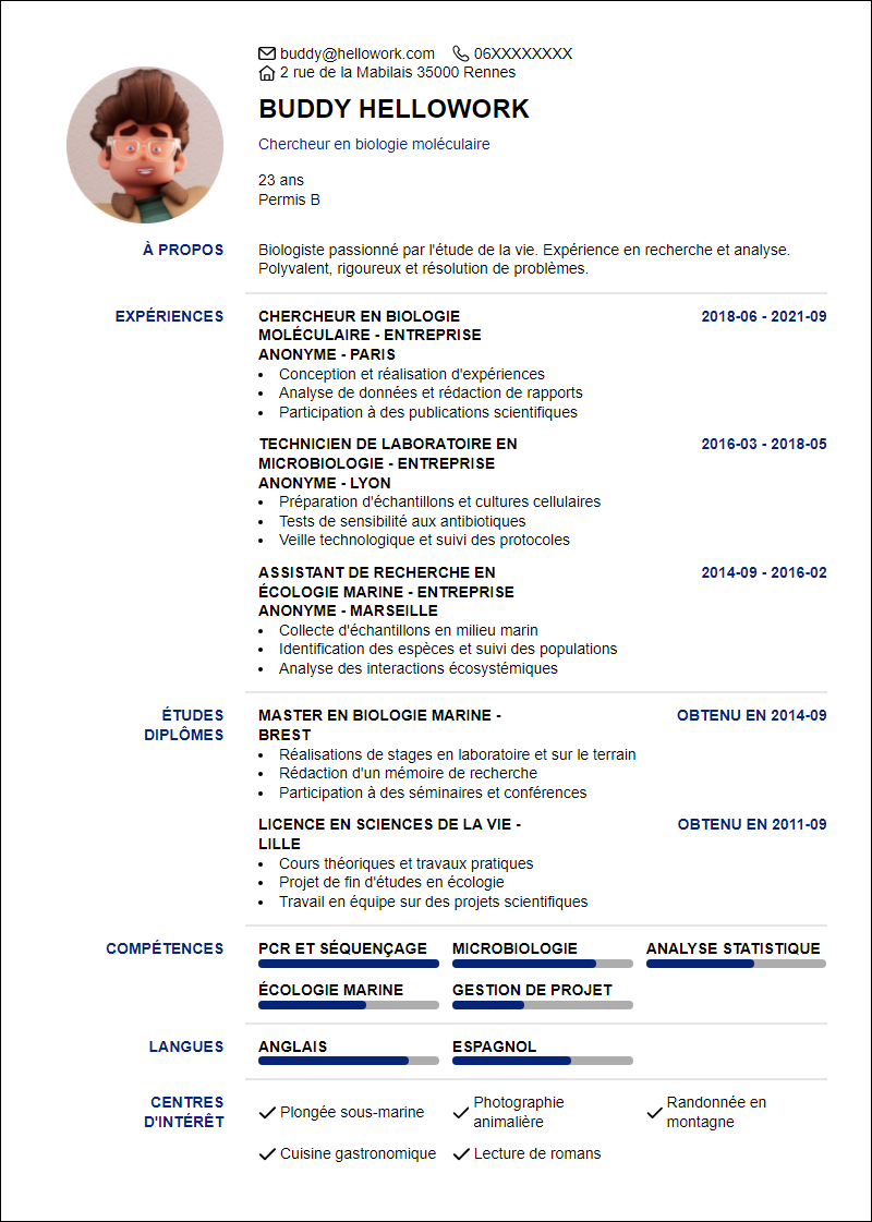 Exemple CV Biologie | Hellowork