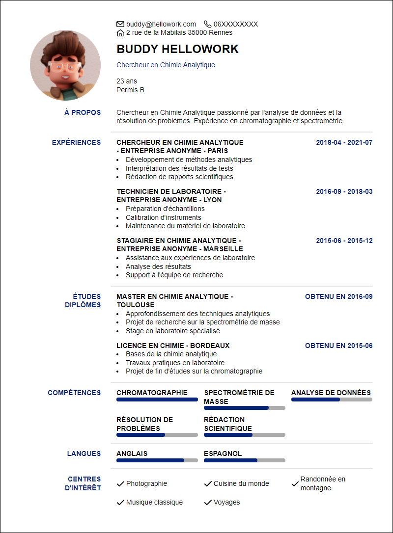 Exemple CV Chimie analytique | Hellowork