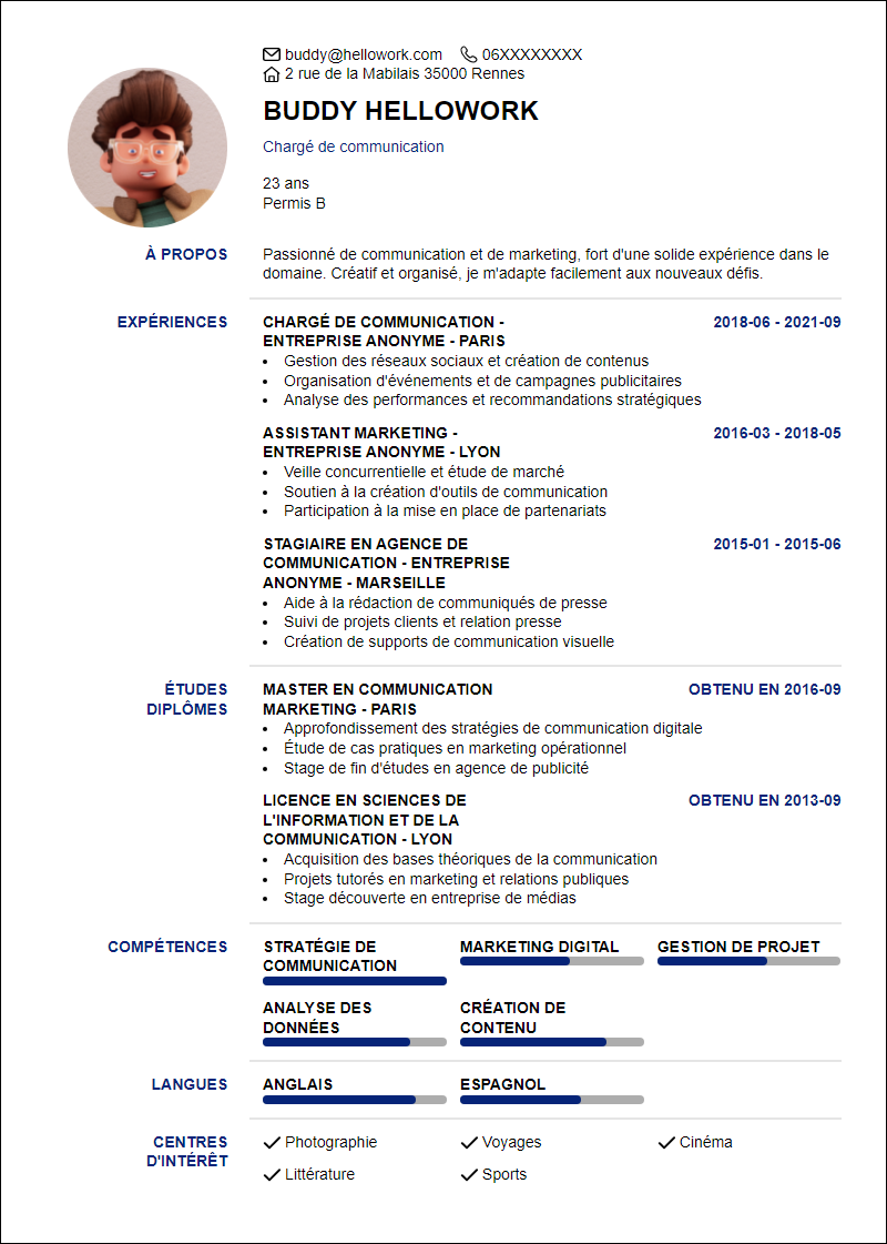 Exemple CV Communication marketing | Hellowork