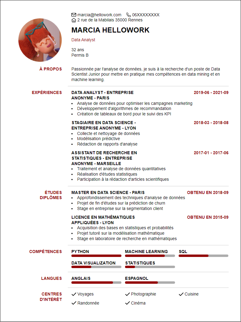 Exemple CV Data Scientist Junior | Hellowork