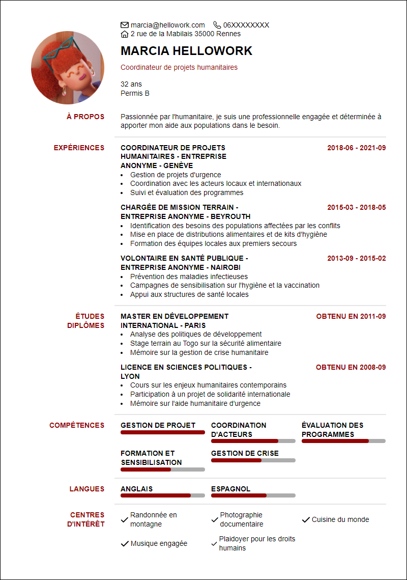 Exemple CV Humanitaire | Hellowork