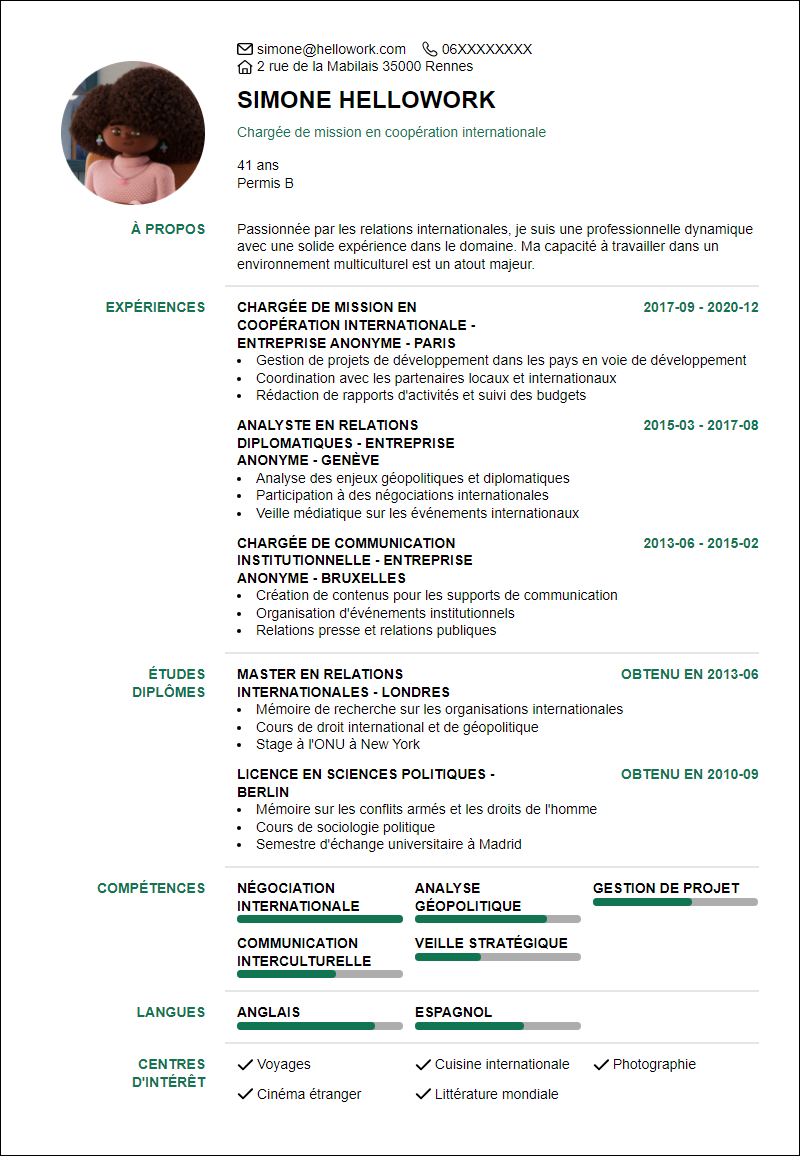 Exemple CV Relations internationales | Hellowork