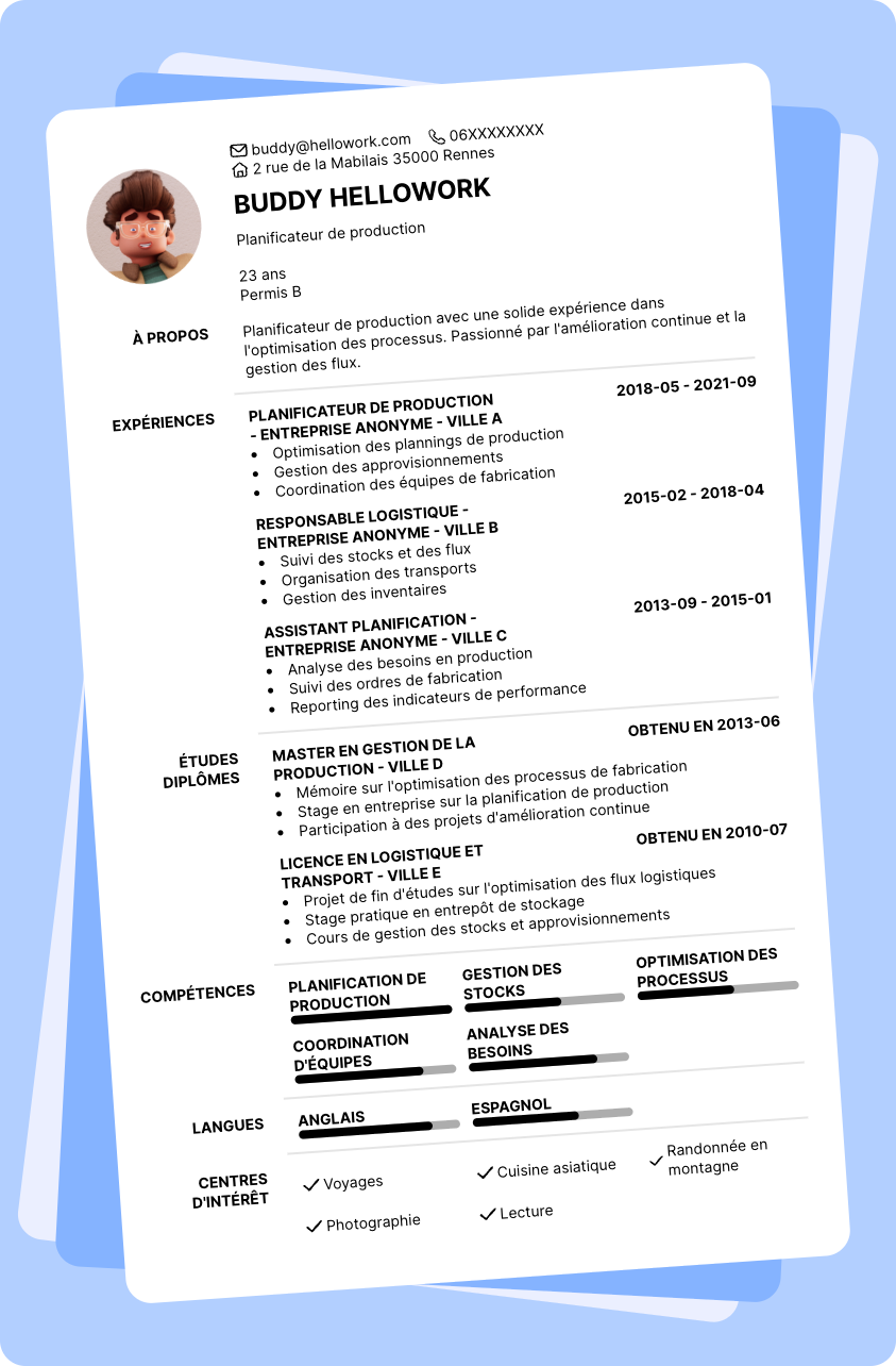 Exemple CV Planificateur de production | Hellowork